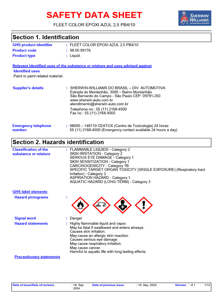Fleet Color Epoxi Azul Safety Data Sheet | PDF