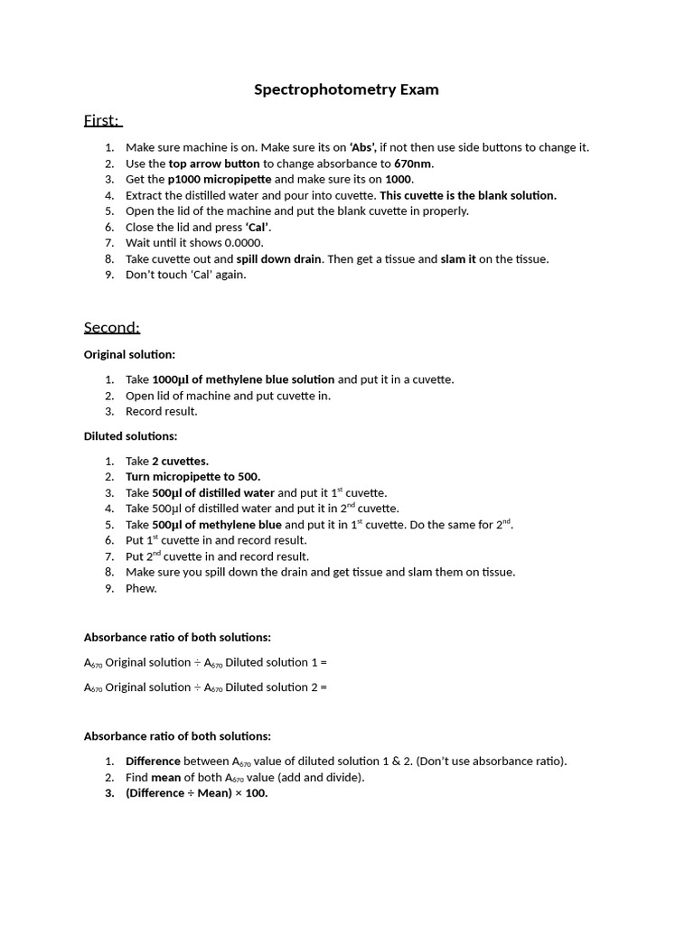 Spectrophotometry Exam Procedure Guide | PDF