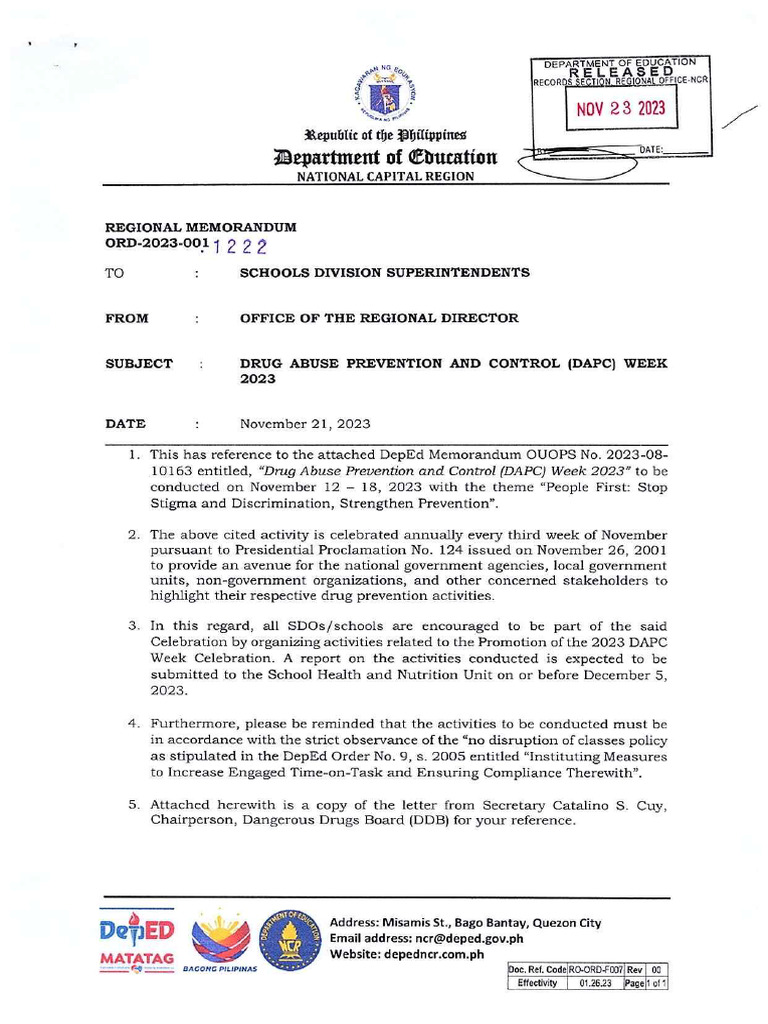 RM No. 1222 S. 2023 Drug Abuse Prevention and Control DAPC Week 2023 | PDF