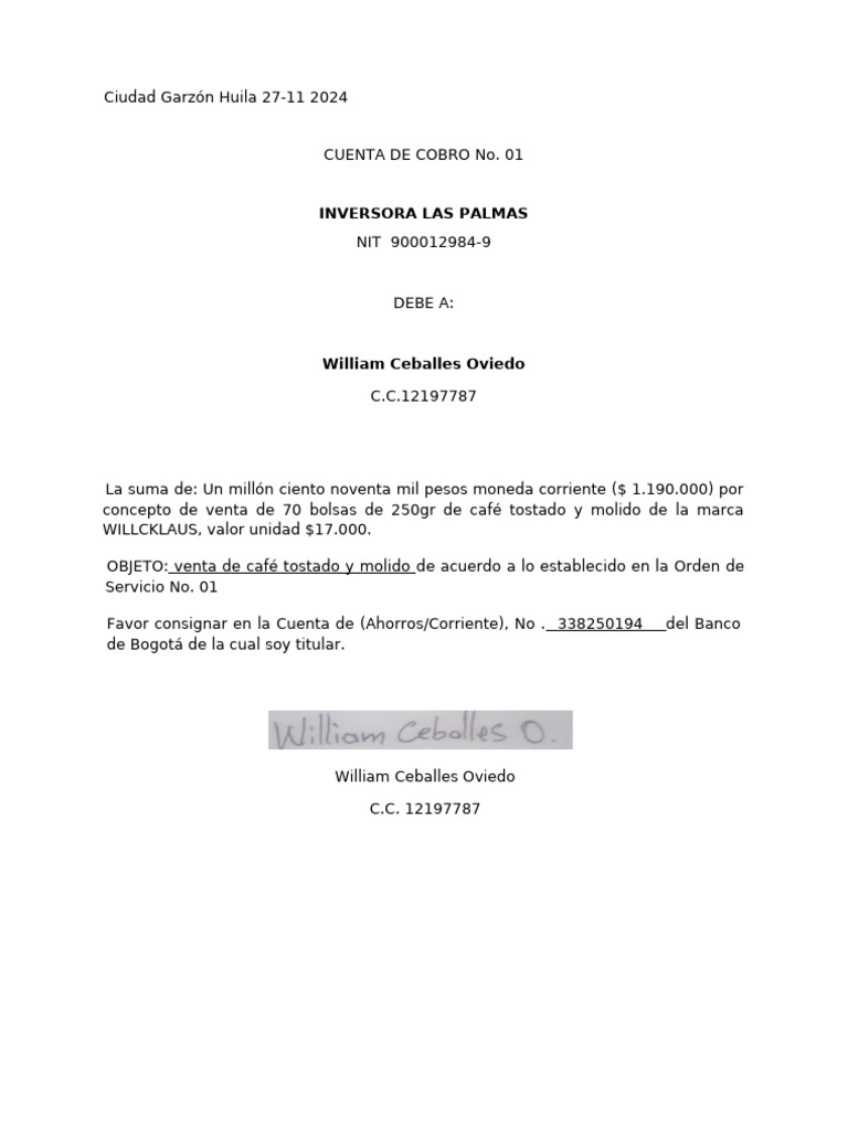 Modelo-Cuenta-De-Cobro WILLIAN CEBALLES | PDF
