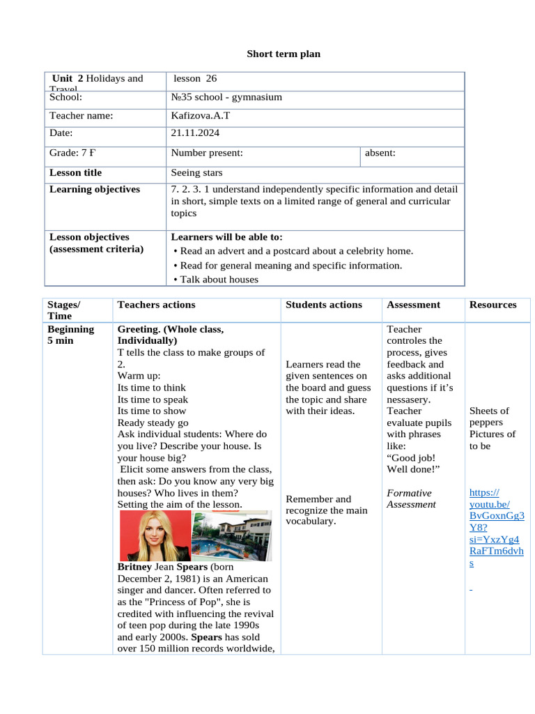 7th Grade Lesson Plan: Celebrity Homes | PDF | Learning | Cognitive Science