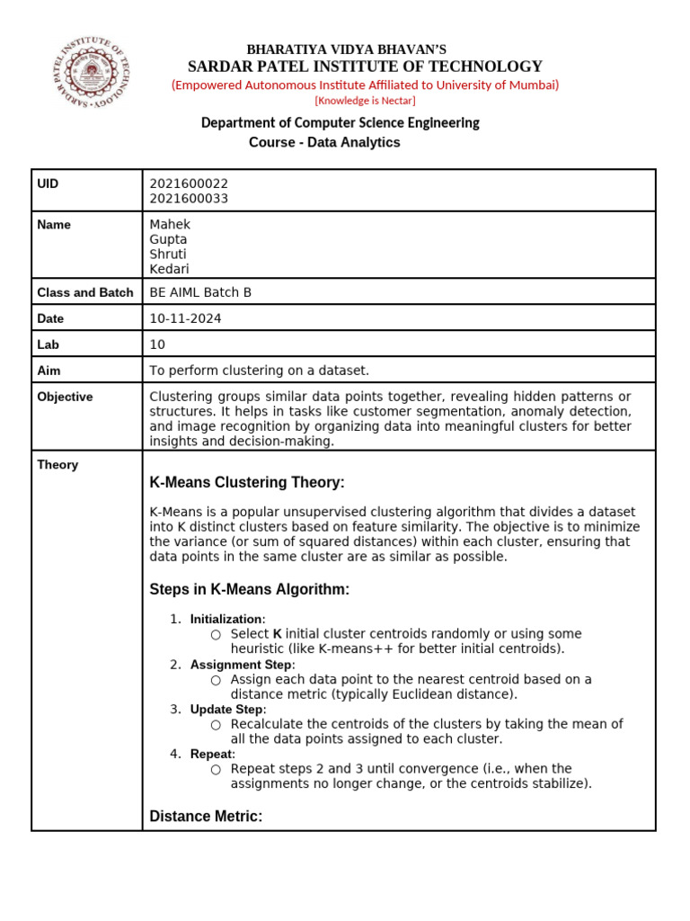 DA_EXP_10 (1) | PDF | Cluster Analysis | Computer Programming