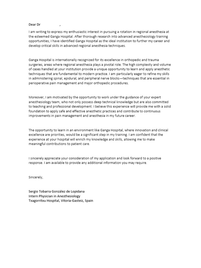 Letter of Intent For Department of Anaesthesia | PDF