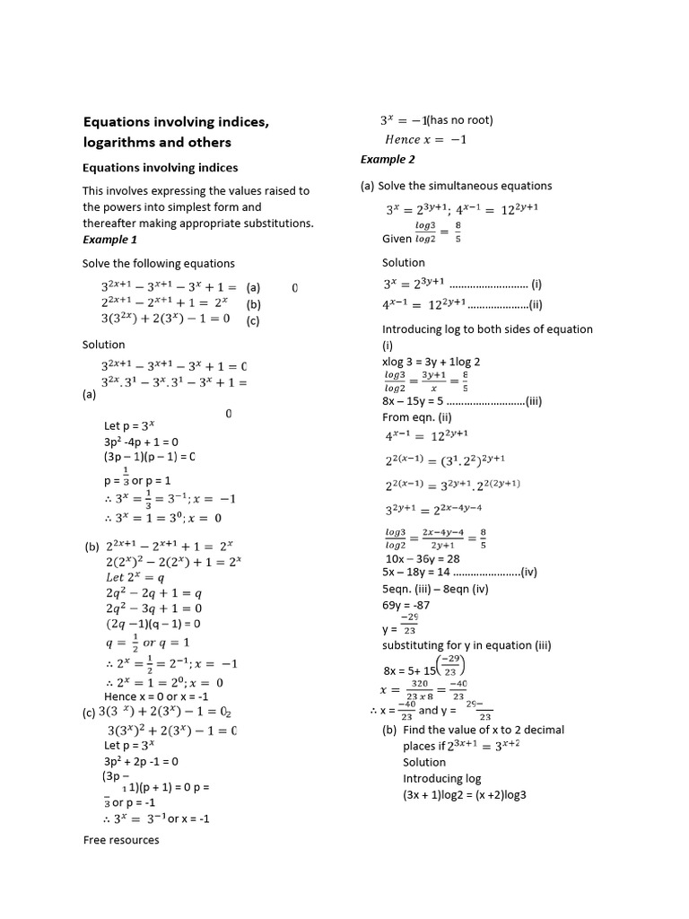 A Level Mathematics Paper 1 Equations Involving Indices Logarithms & Others | PDF | Logarithm ...