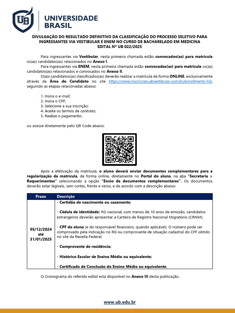 Resultado Definitivo e Convocacao Edital 022 2025 Vestibular e Enem ...