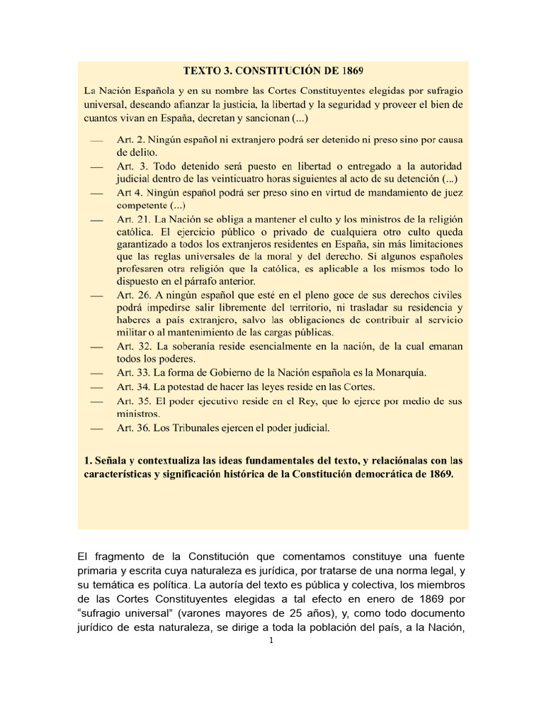 Análisis de la Constitución de 1869 | PDF | Política de españa | España