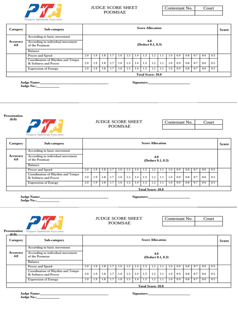 JUDGE SCORE SHEET POOMSAE (1) | PDF | Tempo | Musical Forms