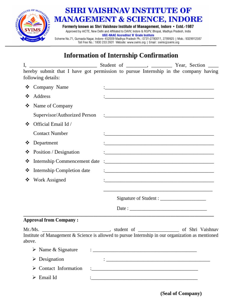 Internship Confirmation Document Template | PDF