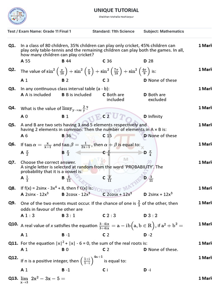 Grade 11 Final 1 Ques | PDF | Elementary Geometry | Mathematics