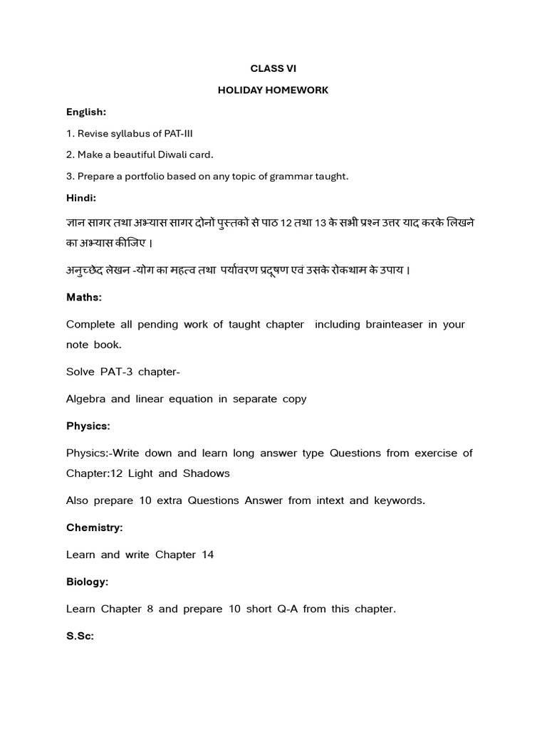 Diwali - Chhath Holiday Homework Class VI | PDF