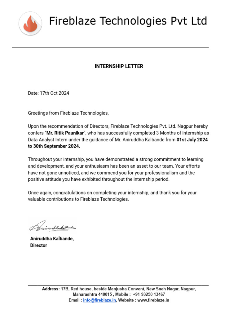 Fireblaze Technologies PVT LTD: Internship Letter | PDF