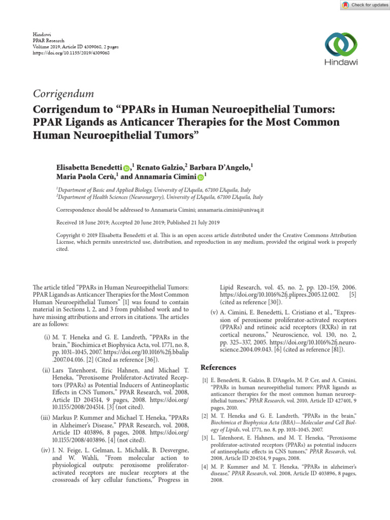 PPAR Research - 2019 - Benedetti - Corrigendum To PPARs in Human ...