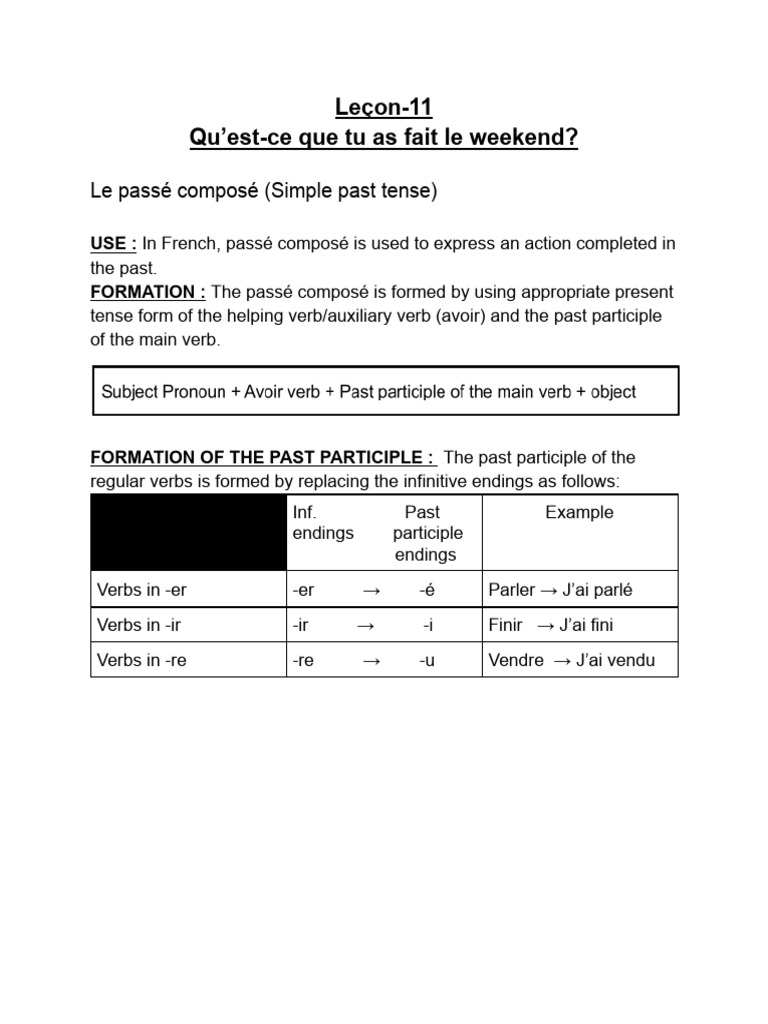Leçon-11 Qu'est-Ce Que Tu As Fait Le Weekend | PDF