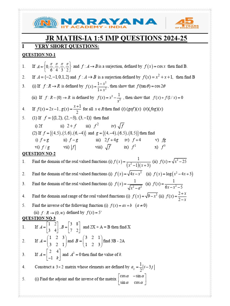 Ts JR Maths Ia Imp Questions-2024-25 | PDF | Matrix (Mathematics) | Function (Mathematics)