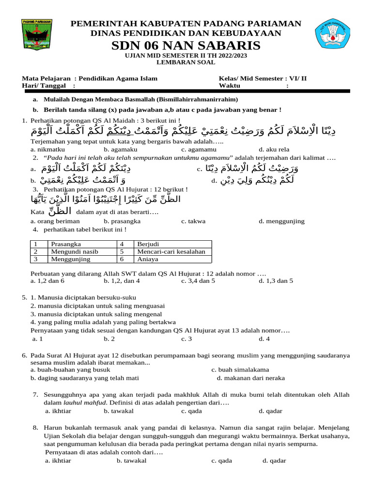 Pai, Kelas Vi Mid Semstr II Ta 2022-2023 | PDF