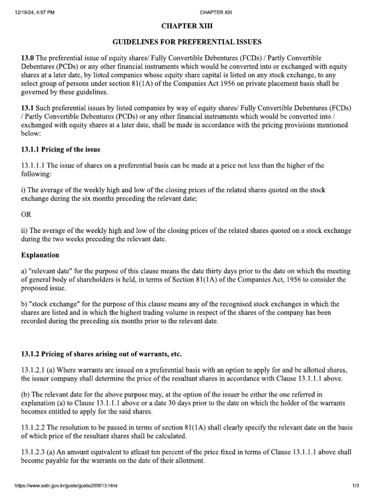 Pricing of Preferential Issue | PDF