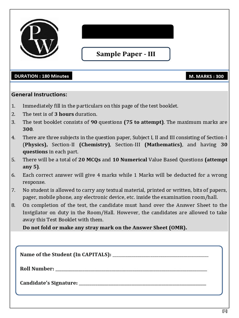 SEO JEE Sample-Paper-3 Class-12th Ques | PDF | Electric Field ...