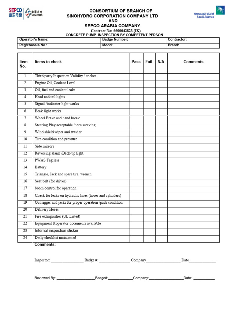 Concrete Pump Checklist | PDF