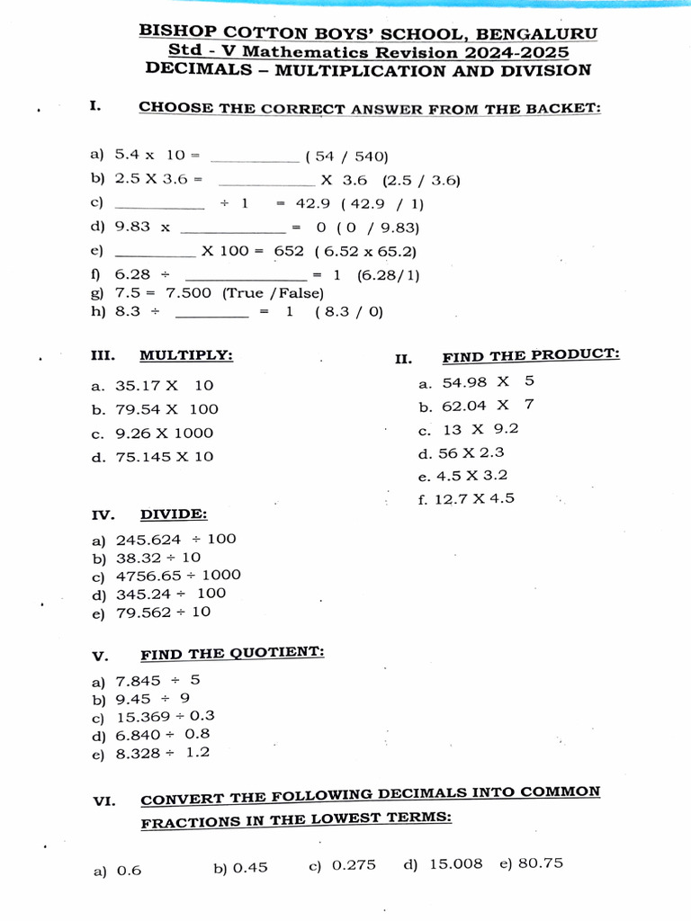Std-V Math Revision: Decimals & Operations | PDF