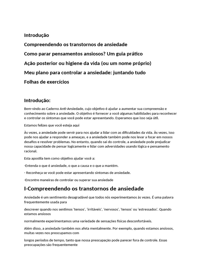 caderno de exercícios para ansiedade | PDF | Ansiedade | Pensamento