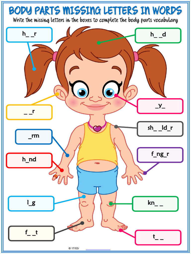 Body Parts Vocabulary Esl Missing Letters in Words Worksheet For Kids | PDF