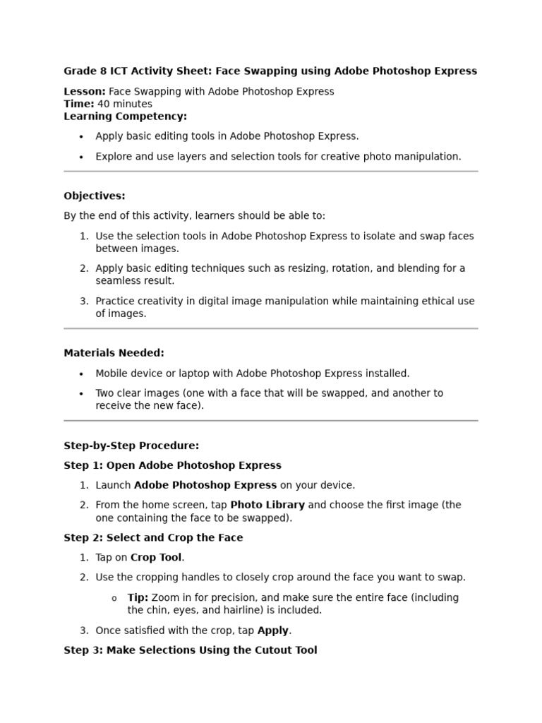 Grade-8-ICT-Activity-Sheet-Face-Swapping 2 | PDF | Adobe Photoshop | Image Editing