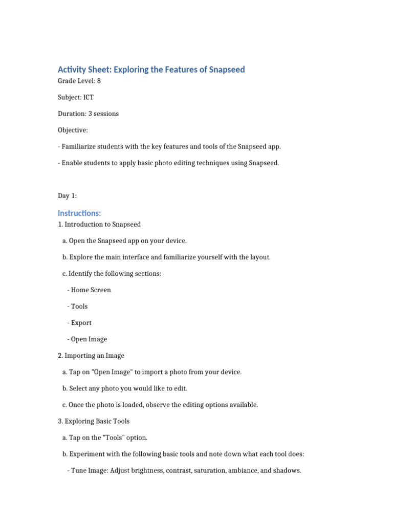 Snapseed Activity Sheet 2 | PDF | Image Editing | Computer Graphics