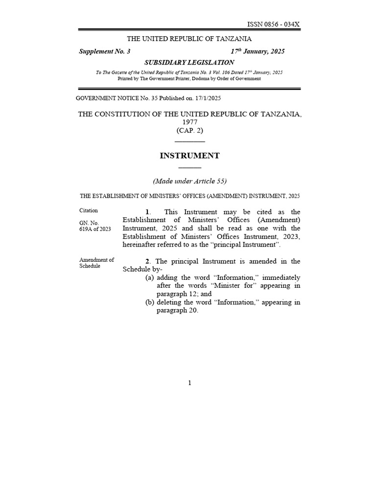 Subsidiary Legislation (The Establishment of Ministers' Offices ...