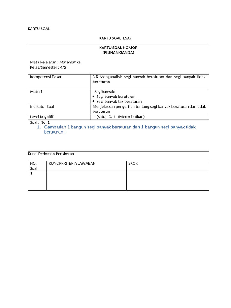 Kartu Soal Esay Matematika | PDF