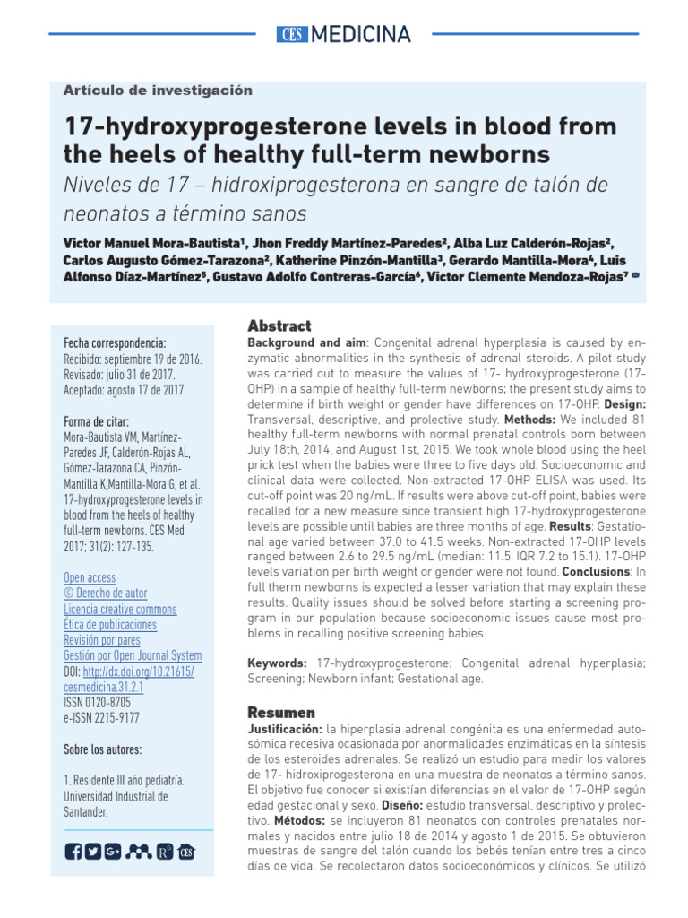 17-Hydroxyprogesterone Levels in Blood From The Heels of Healthy Full ...
