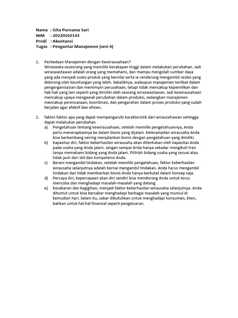 Tugas Pengantar Manajemen - sesi 04, Gita Purnama Sari, 20220102143 | PDF