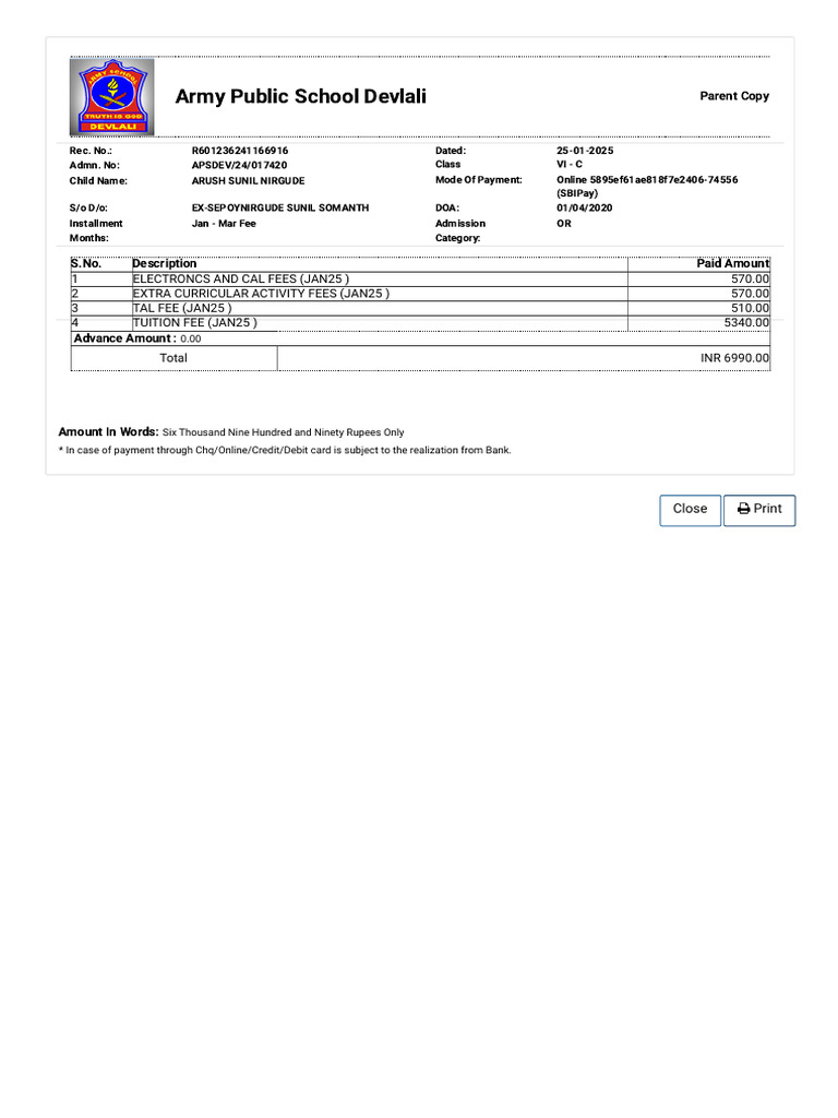 APS Devlali Online Fee Receipt | PDF