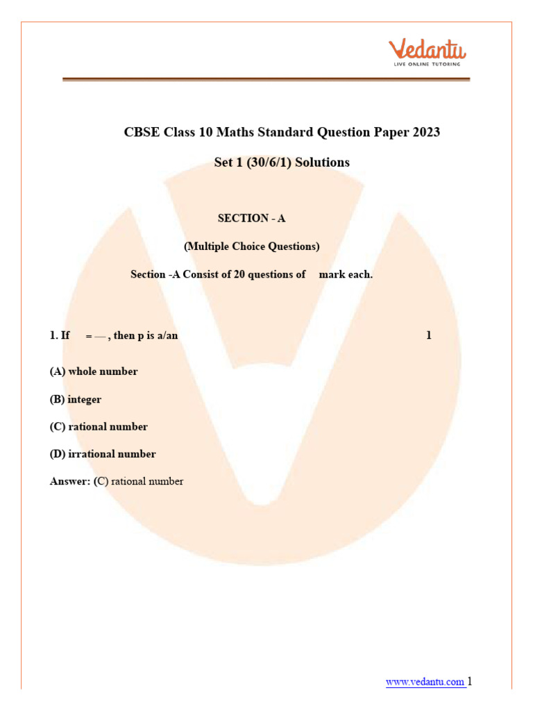 CBSE Class 10 Maths Set 1 Solutions | PDF | Circle | Numbers