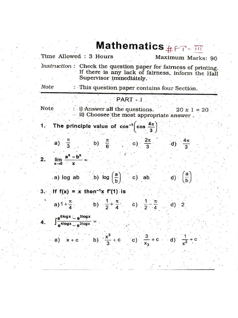 Namma Kalvi 11th Maths Model Question Paper With Answer Key Em 217407 | PDF