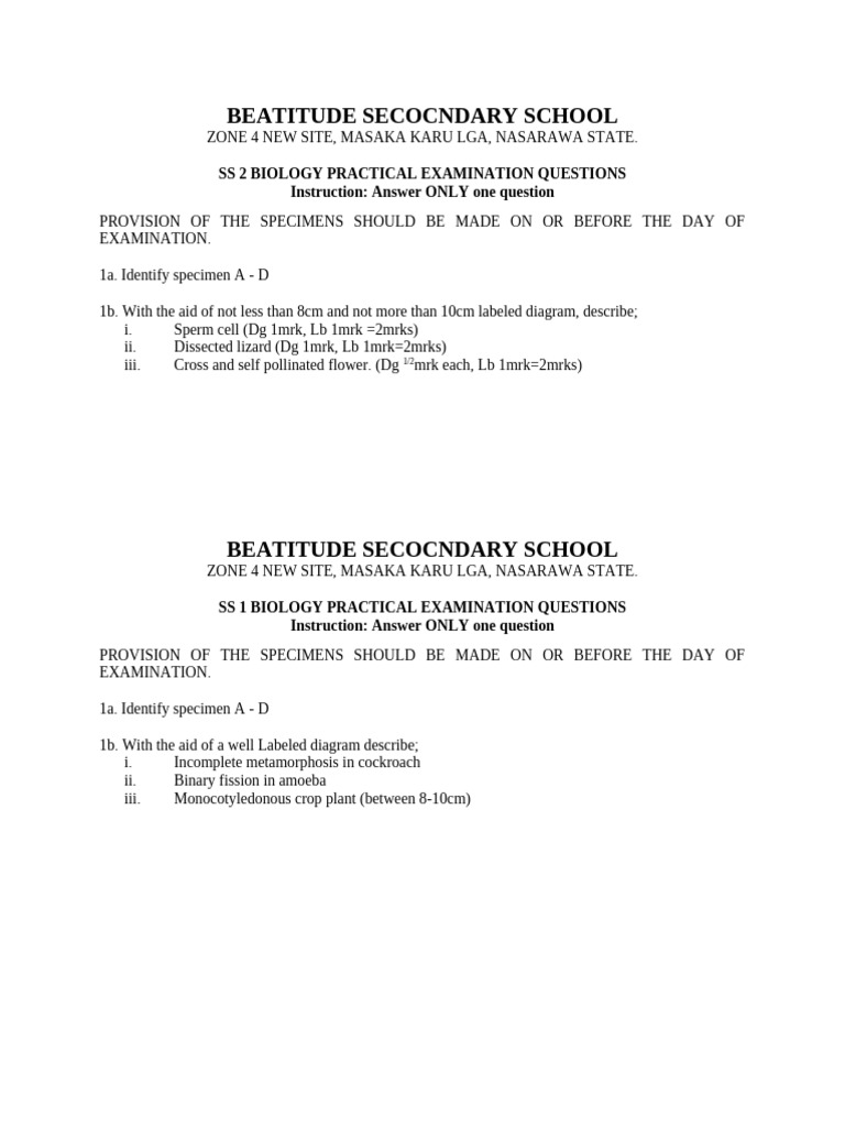 SS Biology Practical Exam Questions | PDF