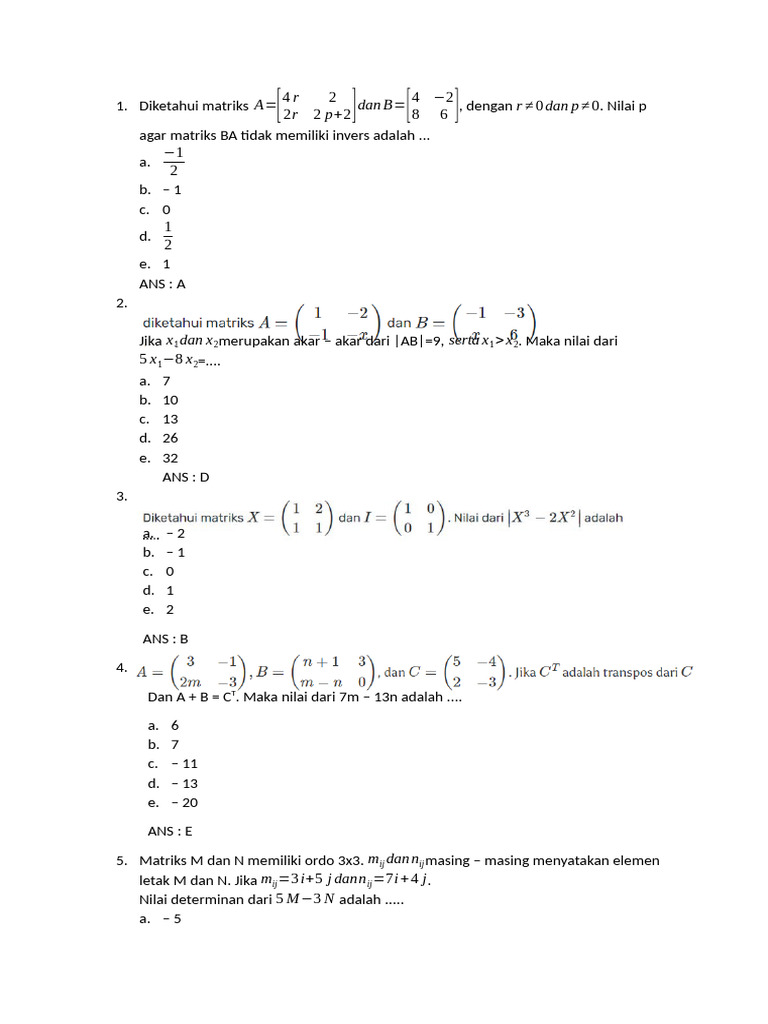 Latihan Soal Matriks dan Determinan | PDF