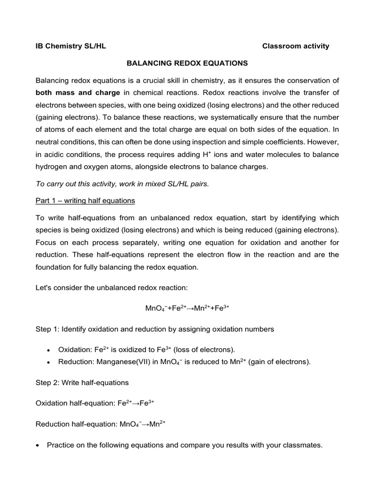 Balancing_redox_equations_classroom_activity | PDF | Redox | Chemical ...