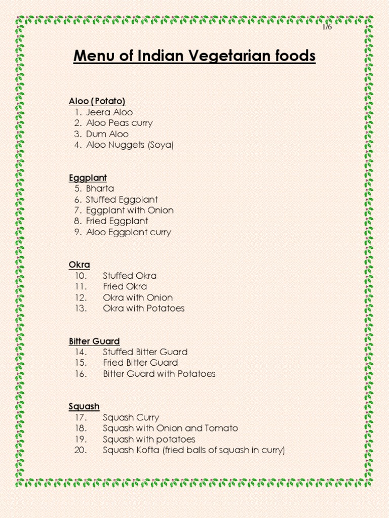 Menu of Vegetarian Dishes | PDF | Indian Cuisine | Curry