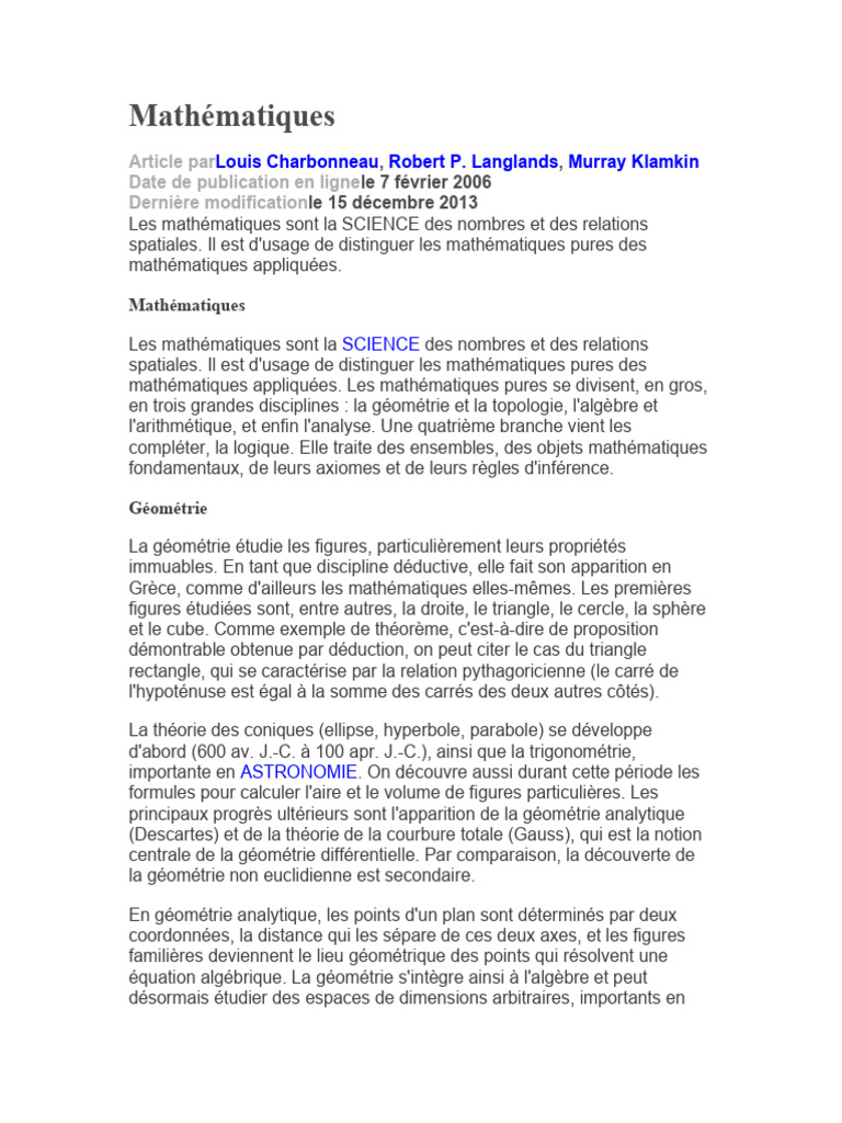Introduction aux mathématiques et leurs branches | PDF | Géométrie | Calcul