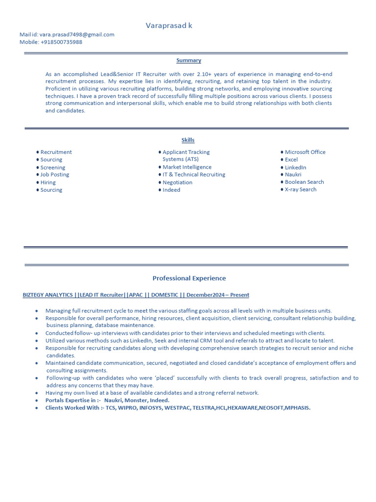 Varaprasad - CV Lead - APAC - Domestic | PDF | Recruitment | Business