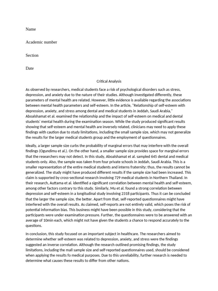 Mdedical Students Mental Health Critique.edited | PDF | Mental Health | Self Esteem