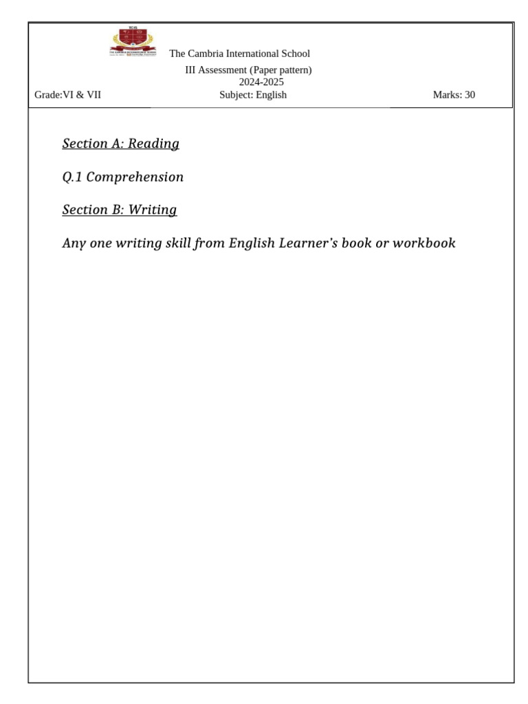 Cambria School English Assessment 2024-25 | PDF