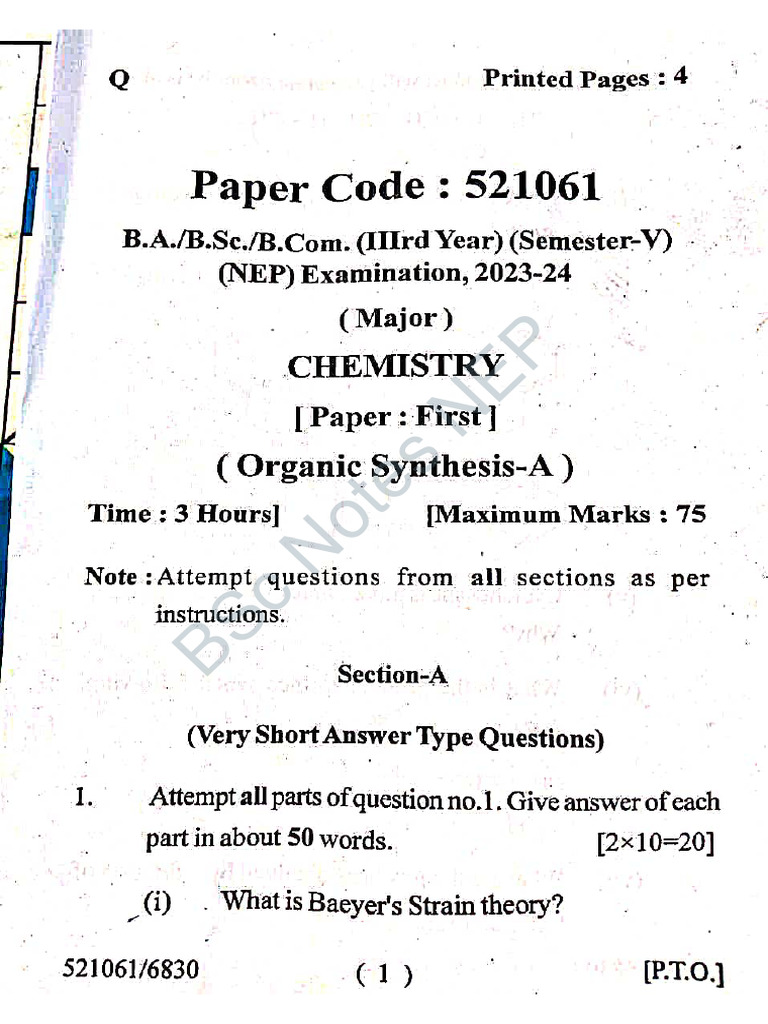 BSC 5th Sem Chemistry Paper 1st PDF Question Paper | PDF
