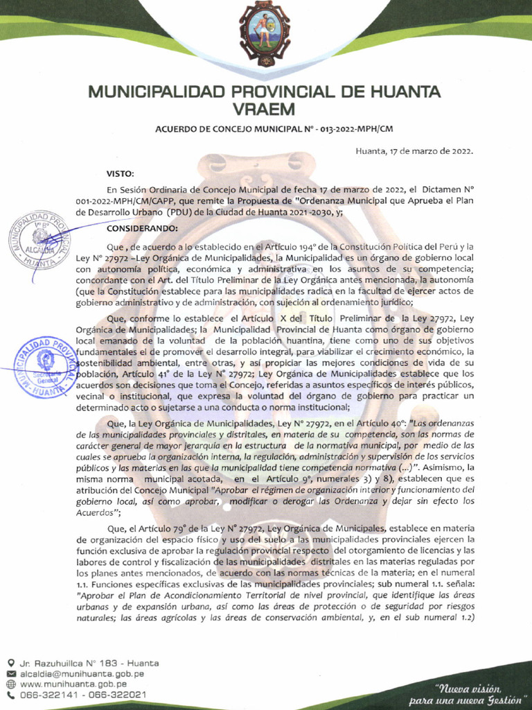 ACUERDO #13-2022-MPH - PDF Aprobacion Del PDU AL 2030 | PDF