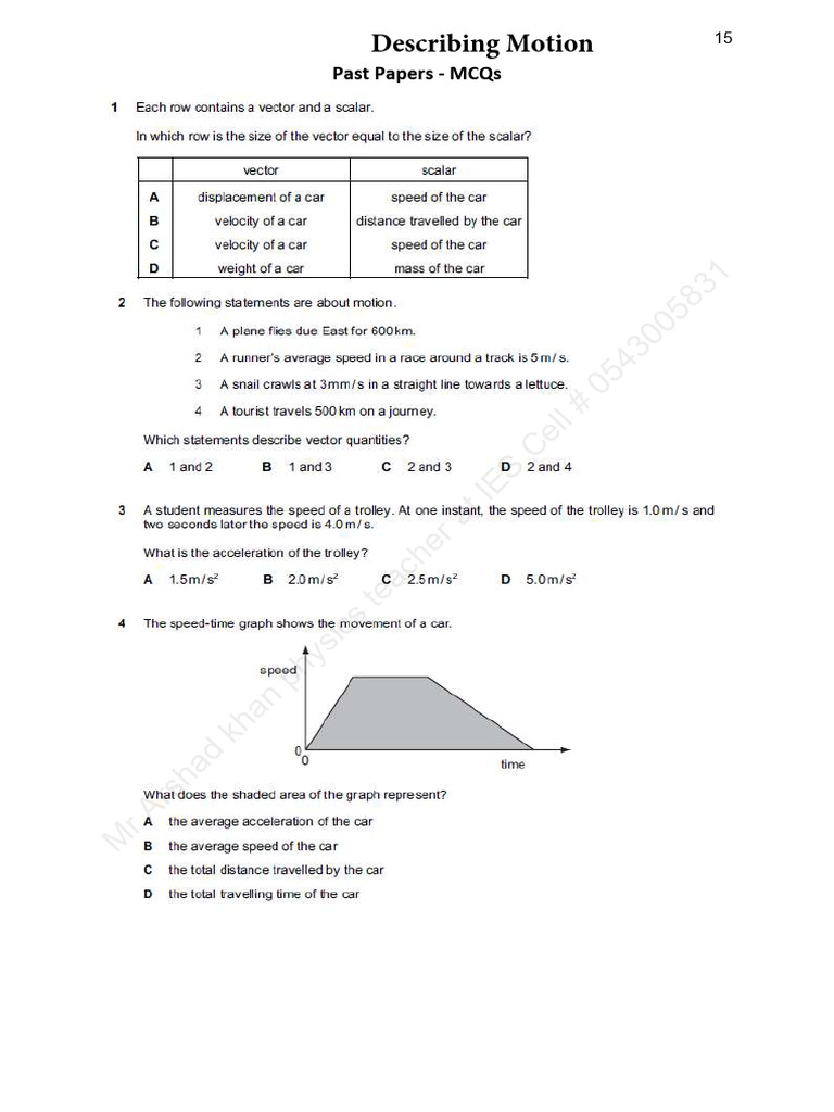 Physics MCQs for Students | PDF | Speed | Acceleration