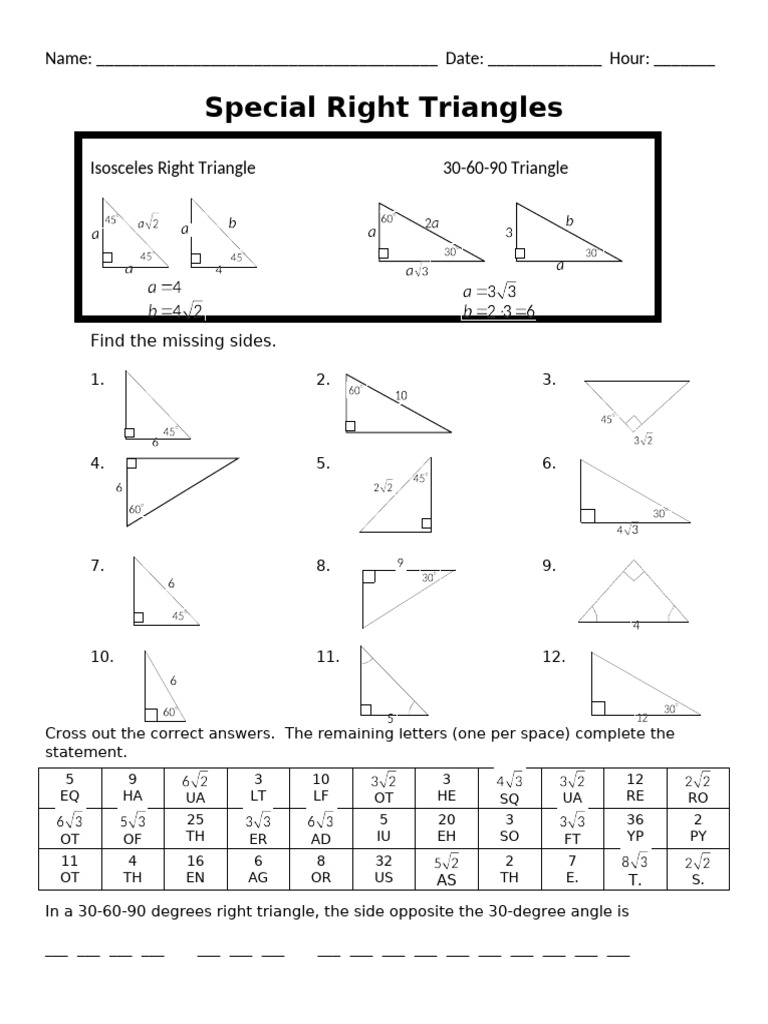 Special Right Triangles Practice Worksheet | PDF | Mathematics ...