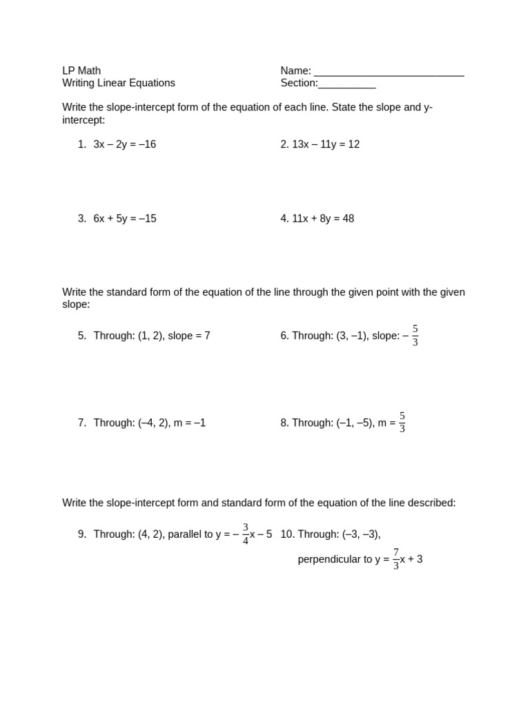 LP Math Writing Linear Equations | PDF