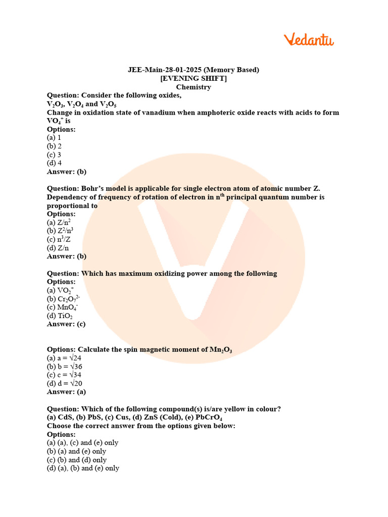 JEE Mains 2025 Jan 28 Shift 2 Question Paper For Chemistry With Answer Key - FREE PDF | PDF ...