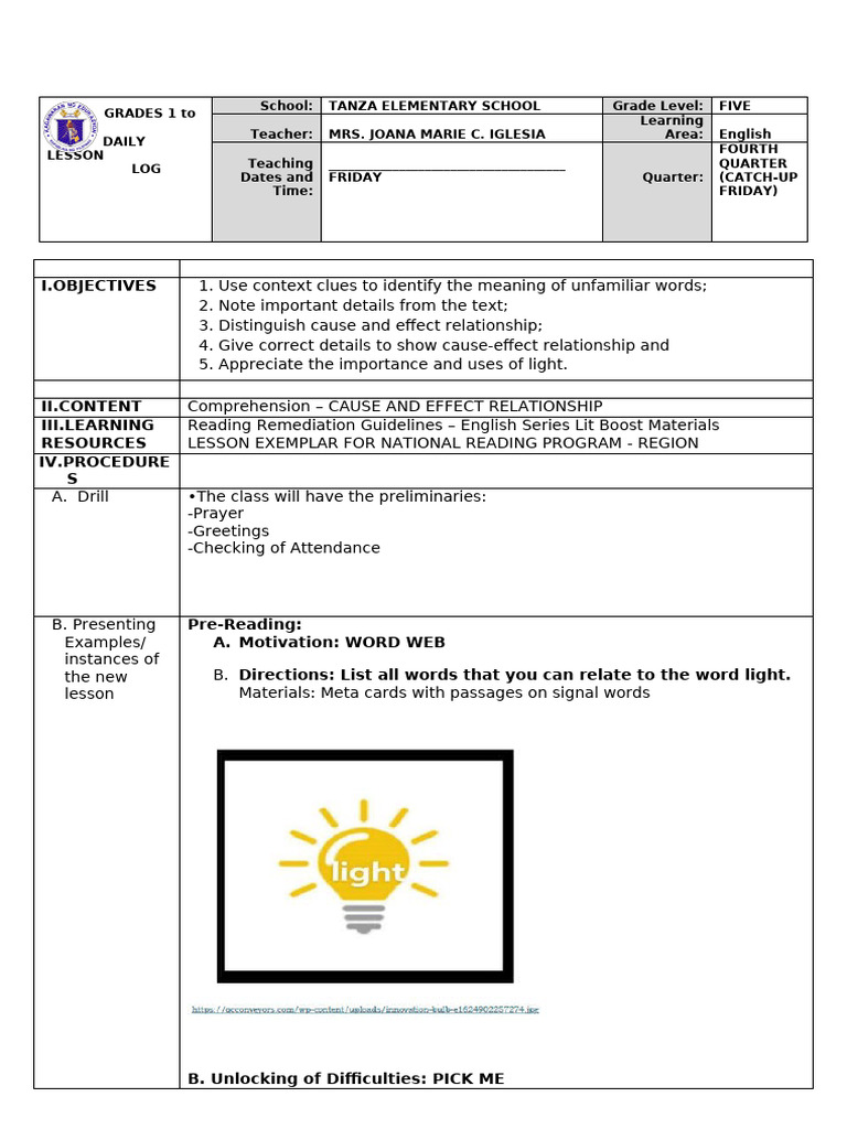 DLP Q4 DAY15 CATCH UP FRIDAY READING ENGLISH Instructional APRIL19 | PDF | Reflection (Physics ...