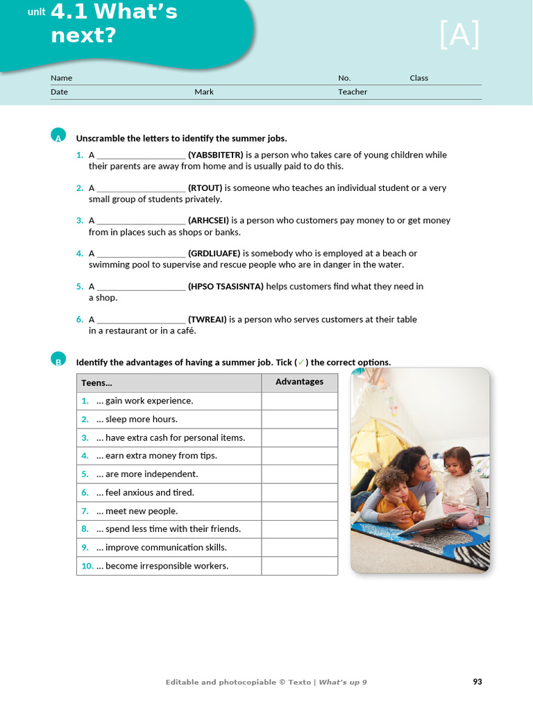 Unit 4.1 Vocabulary - Summer Jobs (A) Page 93 - Ingles9 | PDF
